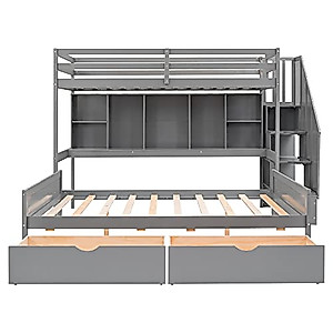 DEYOBED Twin Over Full Wooden Bunk Bed with Storage Shelves Drawers and Staircase for Kids Teens Adults