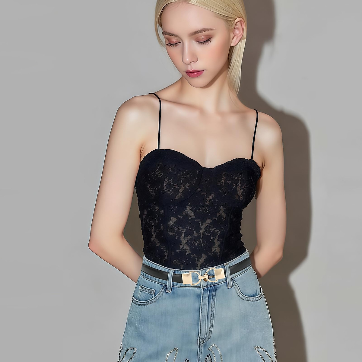 HOTWILL Women Skinny Belts for Dress Thin Waist Belt with Gold Buckle Adjustable Slim Belts 0.78" Width Black Small