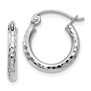 FB Jewels Solid 14K White Gold Diamond-cut 2mm Round Tube Hoop Earrings