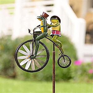Frogs on a Vintage Bicycle Metal Wind Spinner, 3D Metal Wind Spinner with Standing Vintage Bicycle, Frog Ornament Wind Spinner Pole Garden Yard Lawn Windmill Decoration