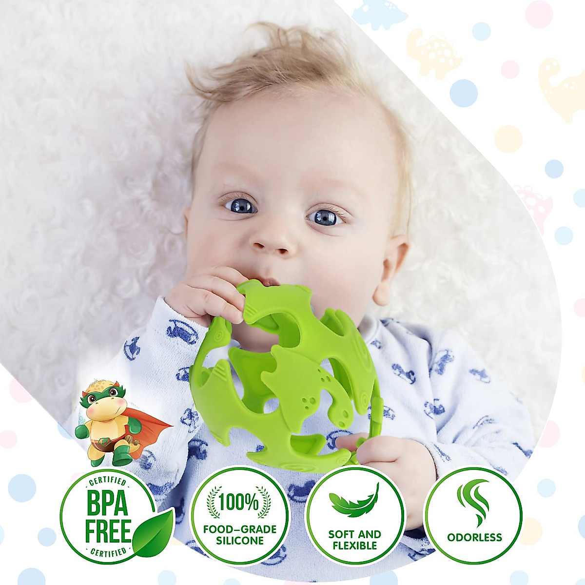 ONTA Baby Teething Toys Easy to Hold Dinosaur Teether Ball Food Grade Silicone Lightweight, Flexible and Durable Infant Pacifier Soothe Gums and Stimulate Tactile Sense Best Baby Gift