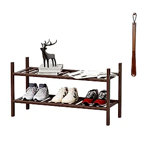 VOPOG Shoe Rack, 2-Tier Bamboo Shoe Rack for Front Door Entrance with Shoe Horn, Stackable Shoe Rack Organizer Shoe Shelf for Entryway, Hallway, Bathroom, and Closet Shoe Organizer - Brown