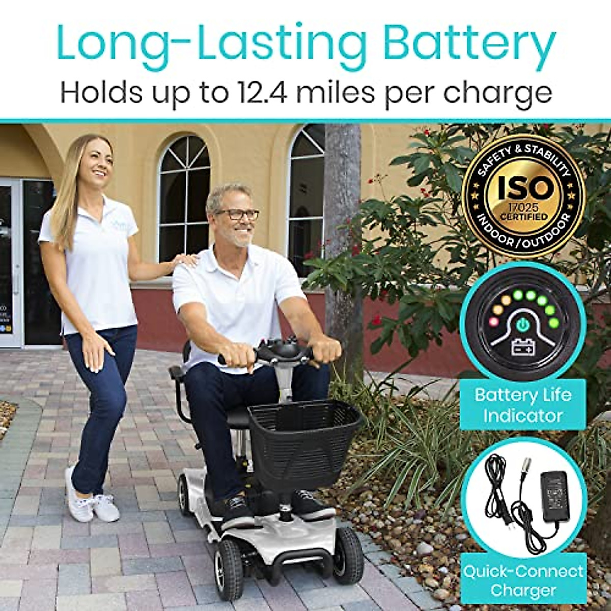 Vive 4 Wheel Mobility Scooter - Electric Powered Wheelchair Device - Compact Heavy Duty Mobile for Travel, Adults, Elderly - Long Range Power Extended Battery with Charger and Basket Included