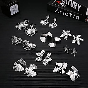 FIBO STEEL 9 Pairs 18k Gold Plated Geometric Earrings Exaggerated Statement Earrings Stylish Sectored Twisted Ginkgo Leaf Earrings for Women Silver Tone