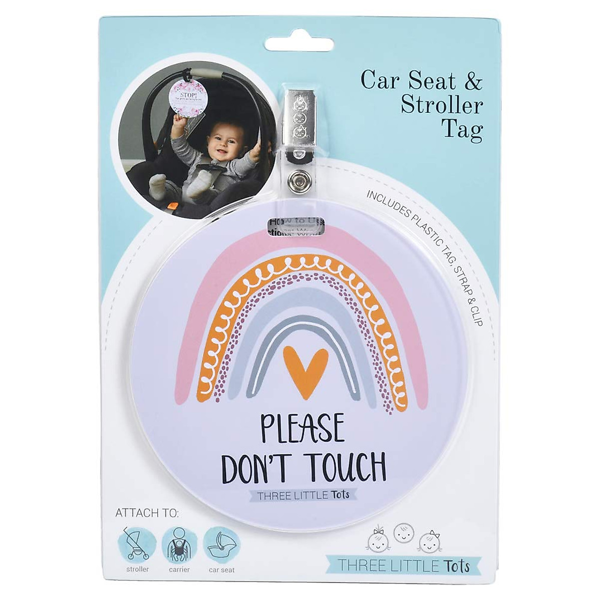 THREE LITTLE TOTS – Rainbow Stop No Touching Baby Car Seat Sign or Stroller Tag - CPSIA Safety Tested