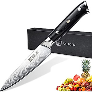 PAUDIN Utility Knife, 5'' Paring Knife, Damascus Kitchen Knife, 67-Layer Forged Blade Ultra Sharp Edge, Stainless Steel Knife, Full Tang G10 Handle with Triple Rivets, for Cutting Fruit and Vegetables
