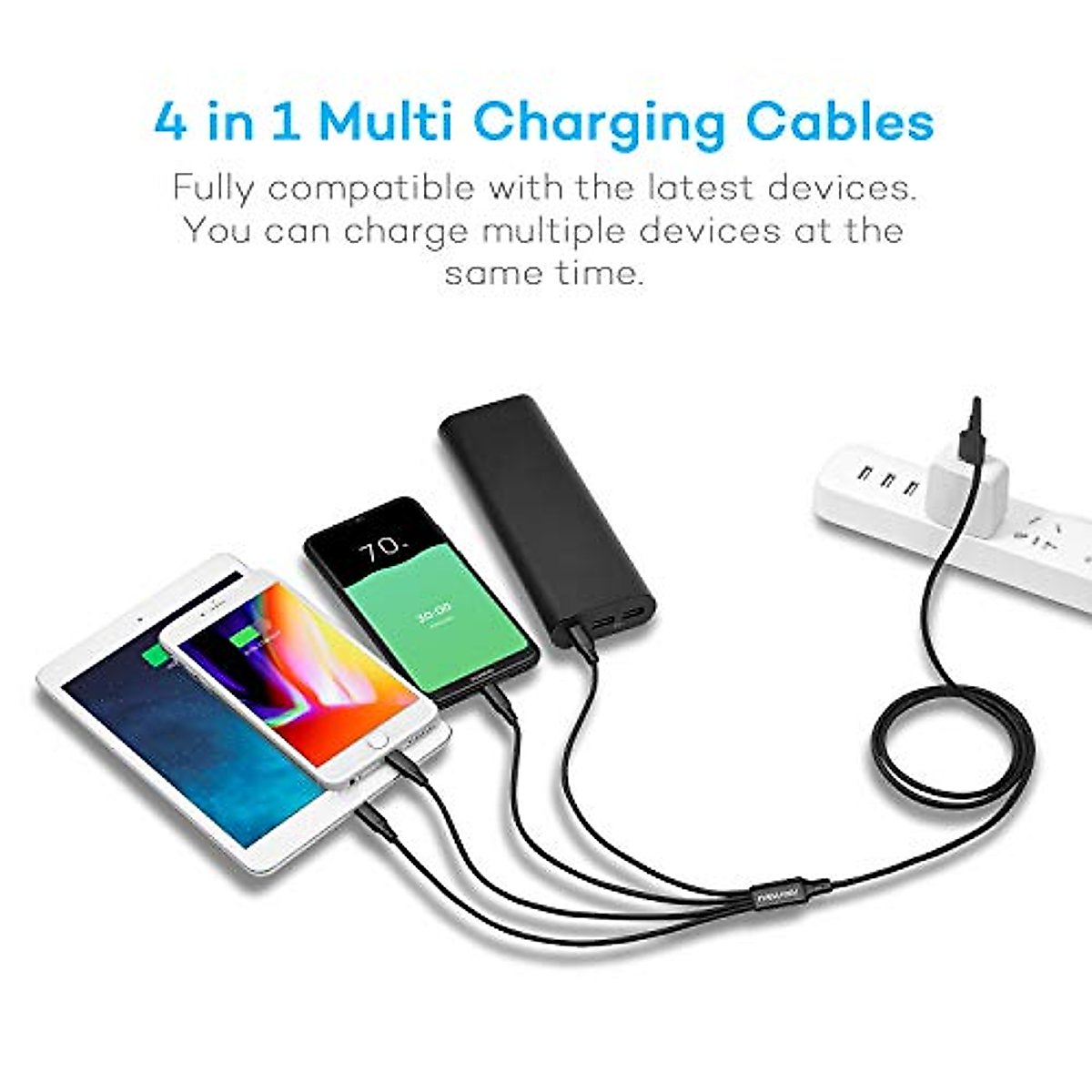 Multi Charging Cable, 4 in1 Multi Charger Cable Nylon Braided, 3A 4FT Universal Chargers for All Devices with Type-C/Micro USB Port, USB Charging Cable for All Cell Phones and More (Black, 2Pack)