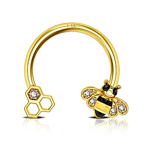 Jewseen 14K Solid Gold Cartilage Earring Hoop Bee Septum Ring 16g Helix Earring Daith Earring Nose Ring Hoop Helix Piercing Jewelry Daith Piercing Nose Piercing Jewelry Septum Jewelry for Women Men