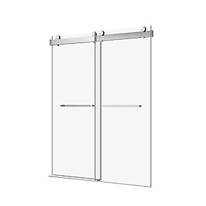 Jintop 72" W x 76" H Double Sliding Frameless Soft-Close Shower Door with Premium 3/8 Inch (10mm) Thick Tampered Glass,Bathroom Bathtub Doors W/ 4 Rollers and 2 Towel Bar Handles,Brushed Nickel