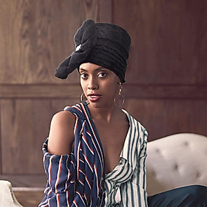 Urieo Big Flower Turban Black Beanie Head Wrap Elastic Ruffle Headwrap Hat for Women