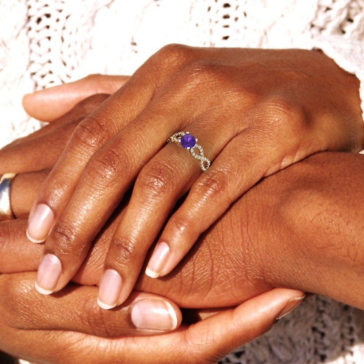 Clara Pucci 1.32ct Round Cut Custom Engraving Solitaire Natural Amethyst Statement W/accent Art Deco Ring 14k 2 tone Gold Size 5