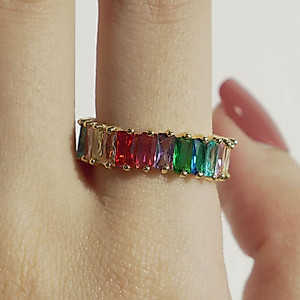 Michooyel Eternity Rainbow Ring Band Ring for Women 18K Gold Plated Baguette Multicolor Cubic Zirconia Eternity Ring