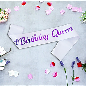 LXYXUUN Birthday Queen Sash White, Purple Foil Birthday Sash for Women Funny Birthday Party Decorations, 21st 30th 40th 50th Bday Sash Gift Ideas