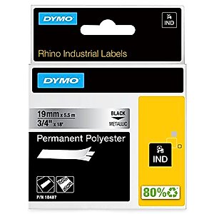 DYMO Industrial Permanent Labels for DYMO LabelWriter and Industrial RhinoPro Label Makers, Black on Metallic, 3/4", 1 Roll (18487), DYMO Authentic