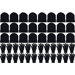 48x Winter Beanies & Gloves Combo Pack, Bulk Pack for Men Women, Warm Cozy Gift (Black)