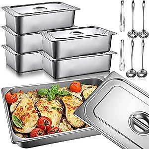 6 Pack Hotel Pan with Lids Set 20.8"L x 12.8"W 22 Gauge Full Size Anti Steam Table Pan 0.8 mm Thick 304 Stainless Steel Hotel Pans for Restaurant Kitchen Food Warmer Cooking Heat (6 Inch)
