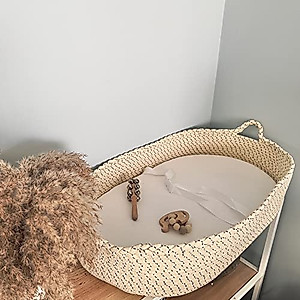 Baby Changing Basket (for 0 to 12 Month Baby) and Diaper Caddy - Cotton Rope Changing Table Topper, Thick Foam Pad with Removable Cotton Cover - Safety Belt