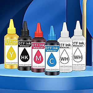 Welacer DTF Ink Premium 6x100ml Heat Transfer Ink Conversion Kit Refill for Epson L1800, R2400, L800, 1430, P400,P800,R2000,XP-15000 All DTF Printers,for DTF Film(White Cyan Magenta Yellow Black)