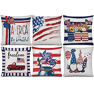 COMMINY 4th of July Pillow Covers 18x18 Set of 6 Patriotic Stripes Throw Pillow Cover American Flag Pillow Case Independence Memorial Day Decorations for Couch Home Outdoor