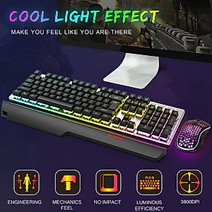 KOLMAX Gaming Keyboard and Mouse Combo,Rainbow Backlit Mechanical Feeling 104 Keys Keyboard with Ergonomic Detachable Wrist Rest,Aluminum Panel Keyboard 3600DPI Gaming Mouse for PC Mac Office/Gaming