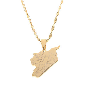 Stainless Steel Syria Map Pendant Necklaces for Women Charms Syrians Jewelry Ethnic Gifts (Gold Color)