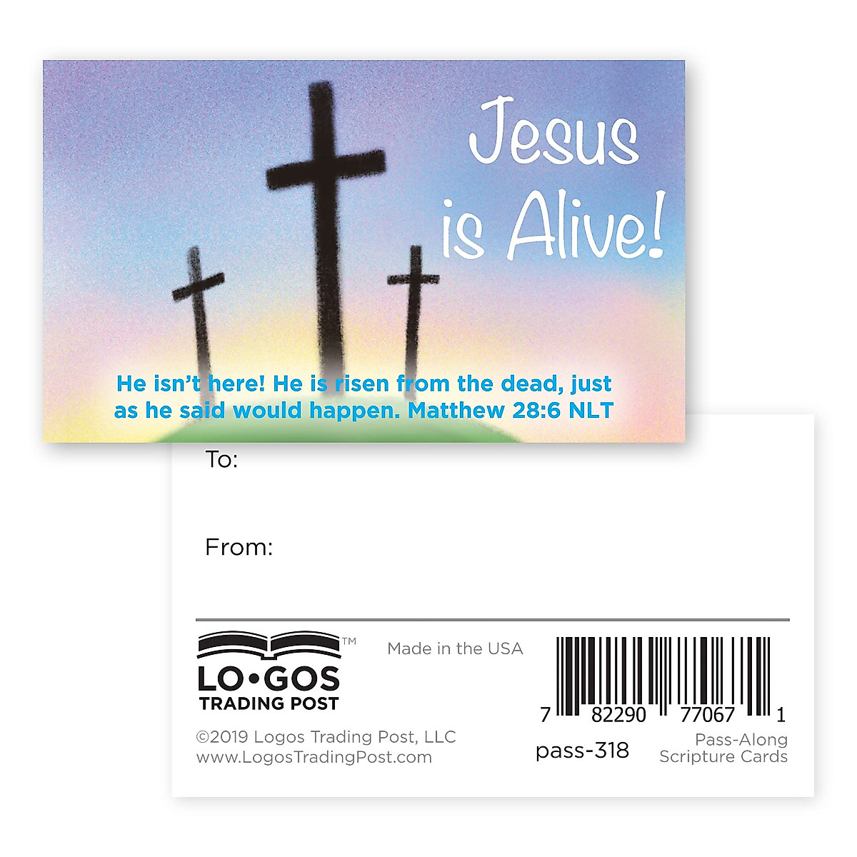 Jesus is Alive (Calvary), Matthew 28:6, Bulk Pack of 25 Affirmation Scripture Cards for Kids, Pass it On Christian Bible Verse Cards for Sunday School, Childrens Church, & Youth Group Ministry