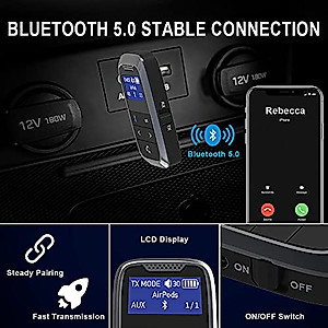 Ainostone Bluetooth 5.0 Transmitter Receiver 2-in-1 Bluetooth Adapter 3.5mm Aux Rechargeable Music Stream Handsfree Calls, Wireless Audio Adapter with LCD Screnn for Car Headphone Stereo TV Airplane