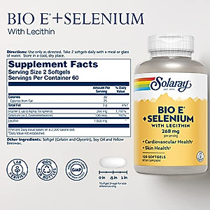 Solaray Bio Vitamin E with Selenium, Vitamin E 400 IU Softgels Plus Selenium 100 mcg, Antioxidants Supplement for Healthy Skin and Heart Support, High Absorption, Lab Verified, 60-Day Guarantee, 60 Servings, 120 Softgels