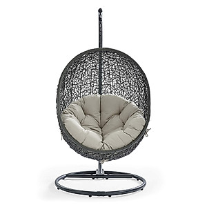 Modway EEI-2273-GRY-BEI Hide Wicker Rattan Outdoor Patio Porch Lounge Egg Set, Swing Chair with Stand, Beige