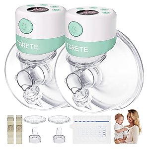 TSRETE Double Wearable Breast Pump, Electric Hands-Free Breast Pumps with 2 Modes, 9 Levels, LCD Display, Memory Function Rechargeable with Massage and Pumping Mode 24mm Flange-Green