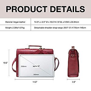 ECOSUSI Briefcase for Women Laptop Bag for College Briefcase Crossbody Messenger Bags Vegan Leather Satchel Purse Fit 14 Inches Laptop, Red