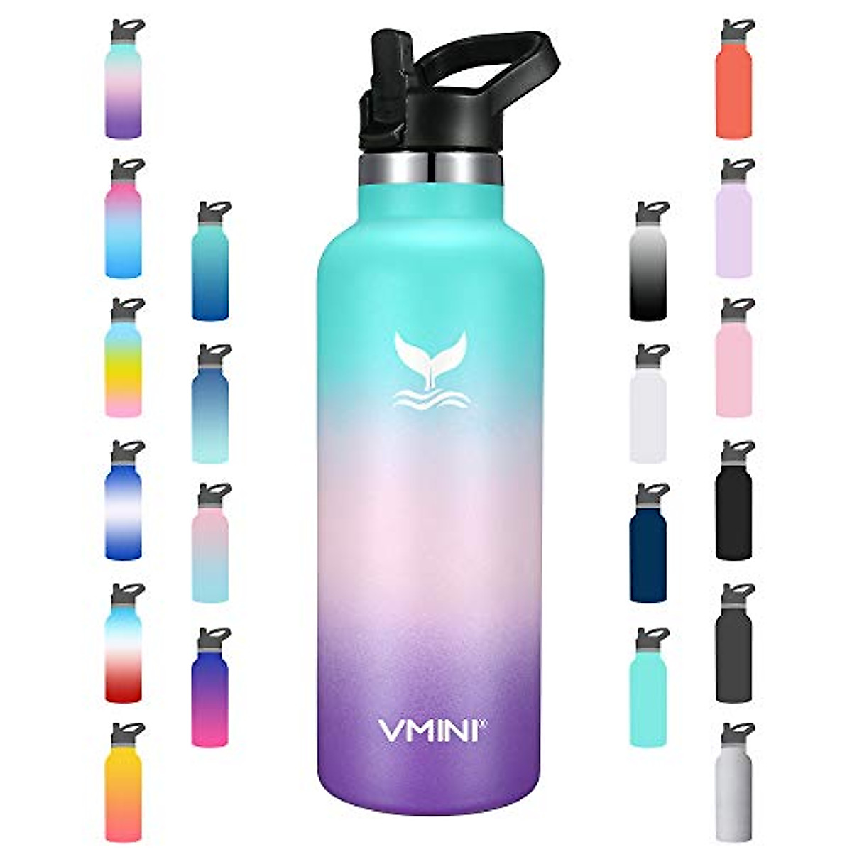 Vmini Water Bottle - Standard Mouth Stainless Steel & Vacuum Insulated Bottle, New Straw Lid with Wide Handle, Gradient Mint+Pink+Purple & 22 oz