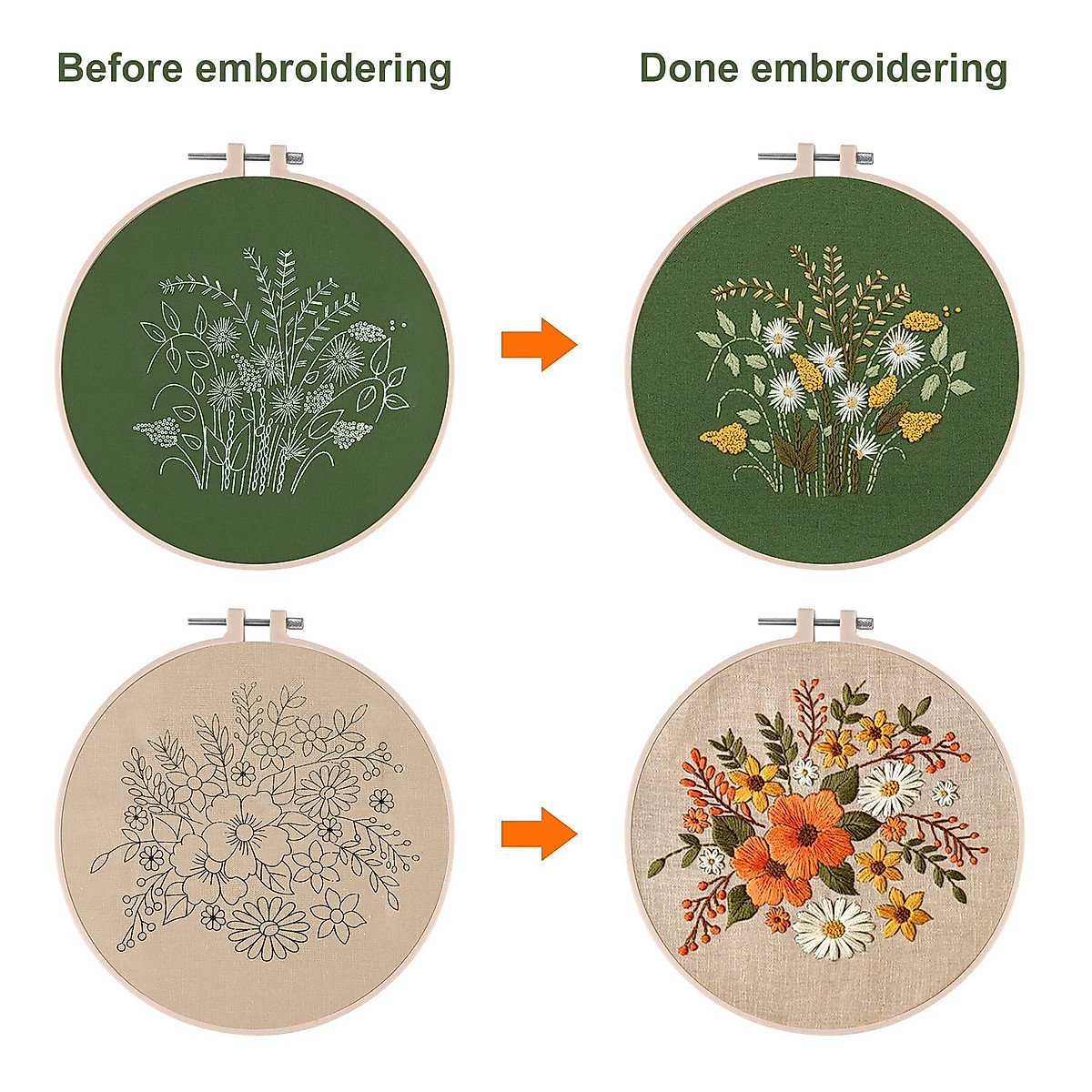 FEPITO 2 Sets Full Range Embroidery Starter Kit with Pattern and Instructions Cross Stitch Kit Includes 2 Pcs Embroidery Clothes with Floral Pattern, 1 Pcs Plastic Embroidery Hoops, 1 Pcs Scissor