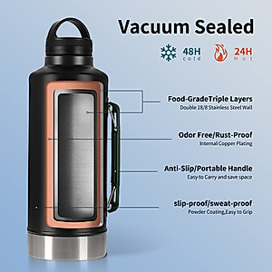 WAPEST Vacuum Insulated Water Bottle, Wide Mouth Stainless Steel Coffee Thermos for hot and cold drinks, Insulated Water jug with Spout Lid, Flex Cap and collapsible handle, Black