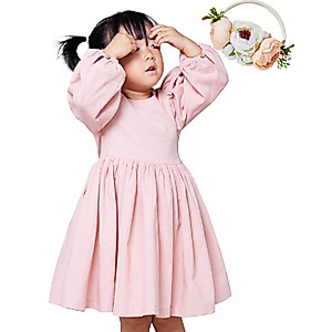 ZYBOUTIC Infant Baby Girls Linen Dresses Vintage Smocking Long Puff Sleeve Round Neck Birthday Gift Dress Autumn Button Back Princess Weddings Flower Girl Sundress Headband Easter Blush Pink S