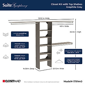 ClosetMaid SuiteSymphony Wood Closet Organizer Kit with Tower, 3 Hang Rods, Top Shelves, Adjustable, Fits Spaces 6 - 10 ft. Wide, Graphite Grey