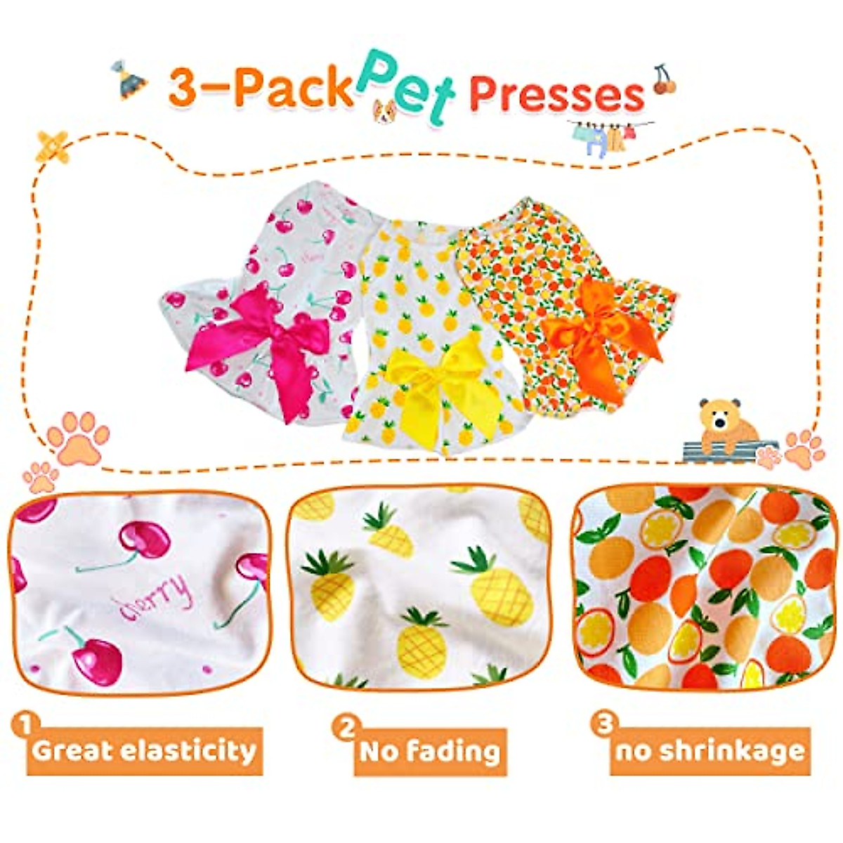 MSNFOASM 3-Pack Cherry Lemon Pineapple Print Dog Dress,Doggie Tank Top Vest Dresses,Holiday Cat Outfits,Soft Clothes for Small Dogs Girl(Small)