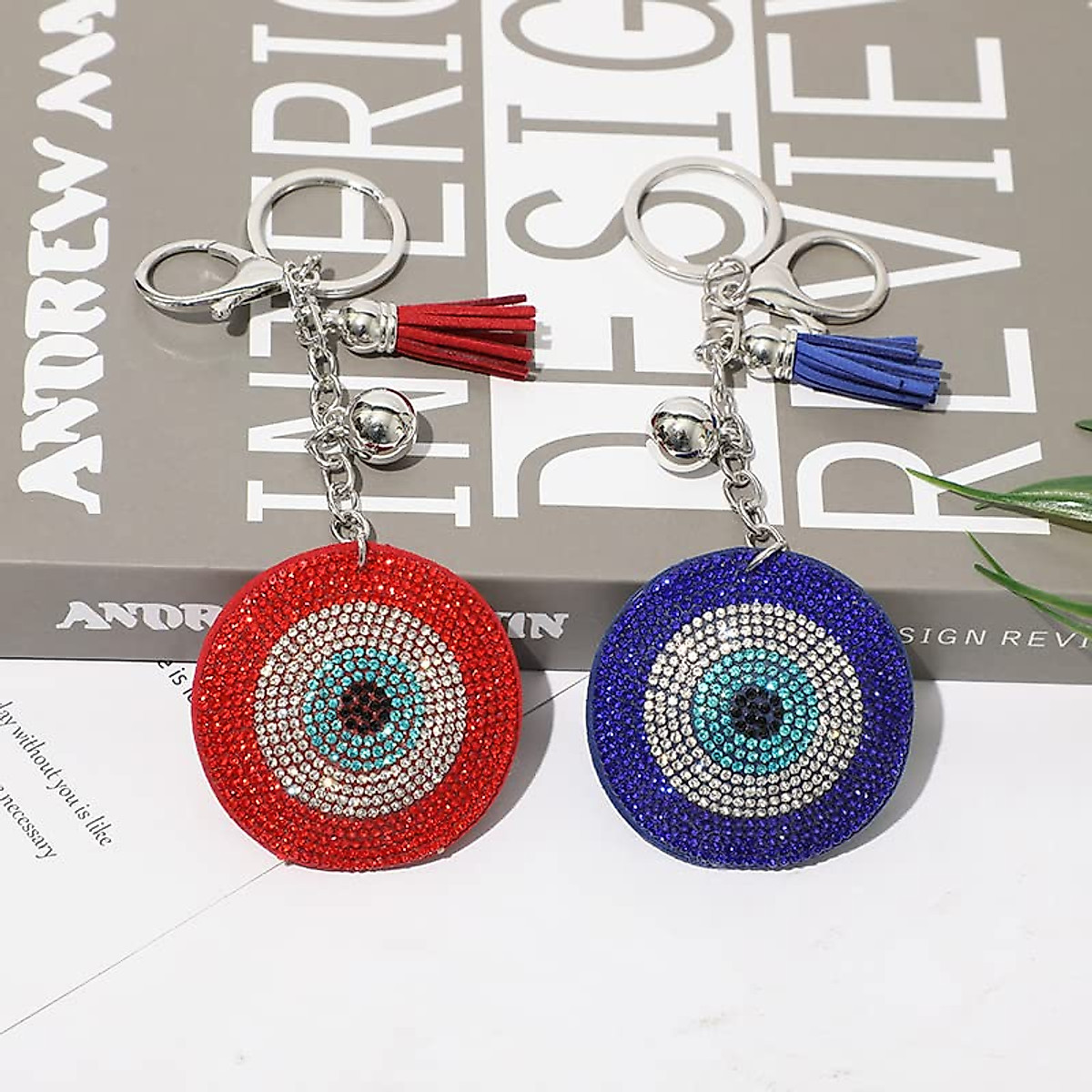 Red Colorful Evil Eye Keychain Charms Bling Tassel Rhinestone Cute Protection keychains