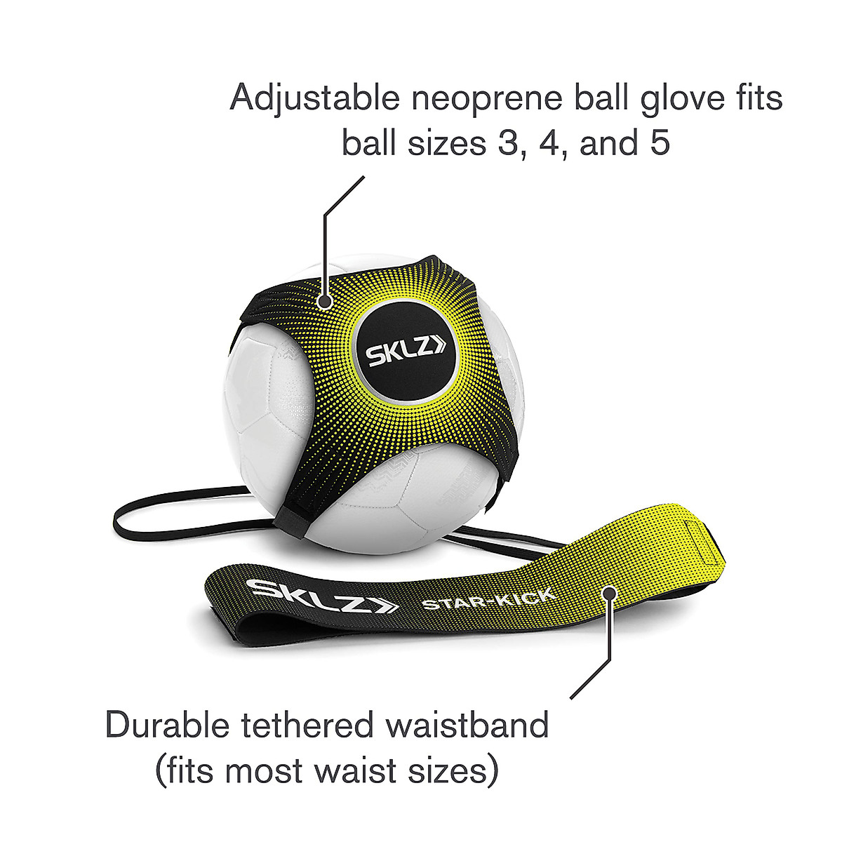SKLZ Star-Kick Hands-Free Adjustable Solo Soccer Trainer - Fits Ball Sizes 3, 4, and 5 (Volt)