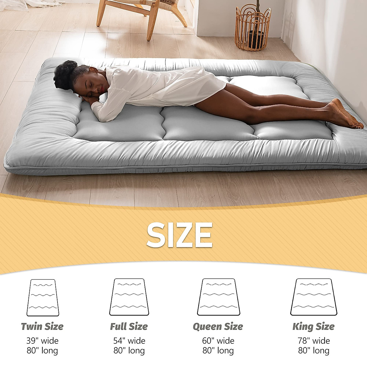 MAXYOYO Japanese Floor Mattress Futon Mattress, Thicken Daybed Futon Roll Up Guest Mattress Thicken Sleeping Pad Foldable Tatami Mat Floor Lounger Bed Couches and Sofas, Grey, Queen