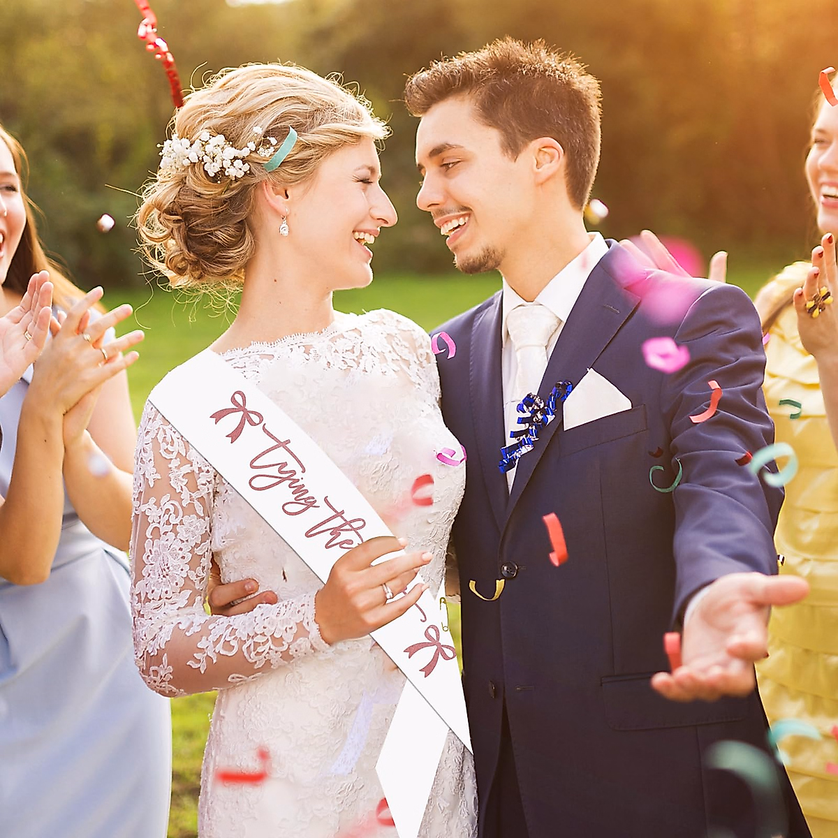 Tying The Knot Sash Just Engagement for Bachelorette Party Decorations Bow Themed Bridal Shower Wedding Party Decorations Supplies for Girls Pink Bow Engagement Garland Photo Props Pink Glitter