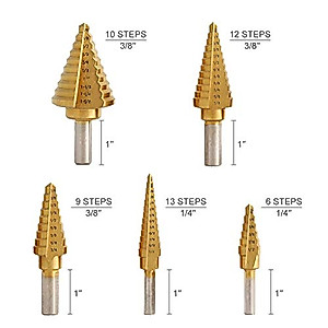 Trepot 5PCS HSS Titanium Step Drill Bit Set & Automatic Center Punch, High Speed Steel Drill Bits, Double Cutting Blades Design, 50 Sizes with Aluminum Case, Short Length Drill Bits Set