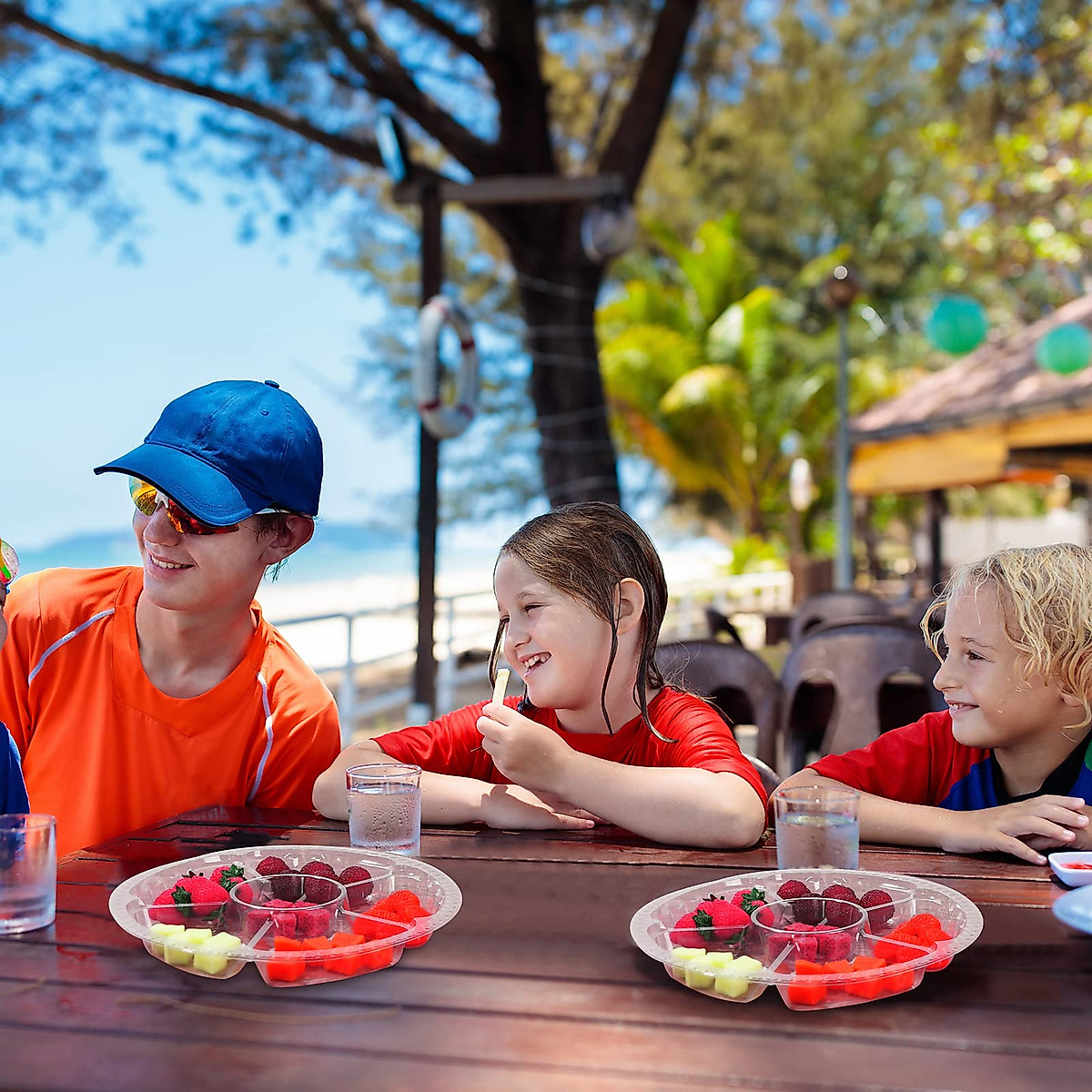 Patelai 32 Pcs Round Plastic Appetizer with Lid 10 Inch Veggie Fruit Serving Party Platter 6 Compartment Disposable Food Storage Divided Containers Supplies