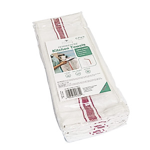 Nouvelle Legende Cotton Kitchen and Dish Towels, 14.75 x 24.5 Inches, White with Red Herringbone Stripes, 6 Pack