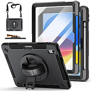 Case for iPad 10th Generation 2022:Miesherk Stock Military Grade Shockproof Rugged Case for iPad 10th Gen 10.9'' W/Screen Protector，Rotate Stand，Handle，Shoulder Strap，Pen Holder （Black）