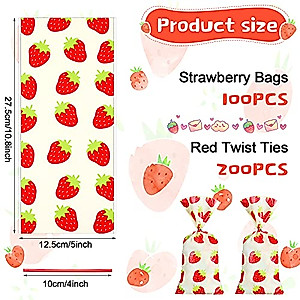 100 Pieces Strawberry Treat Bags Strawberry Cellophane Party Bags Strawberry Plastic Goody Candy Bags with 200 Red Twist Ties for Strawberry Themed Party Birthday Party Decoration Supplies