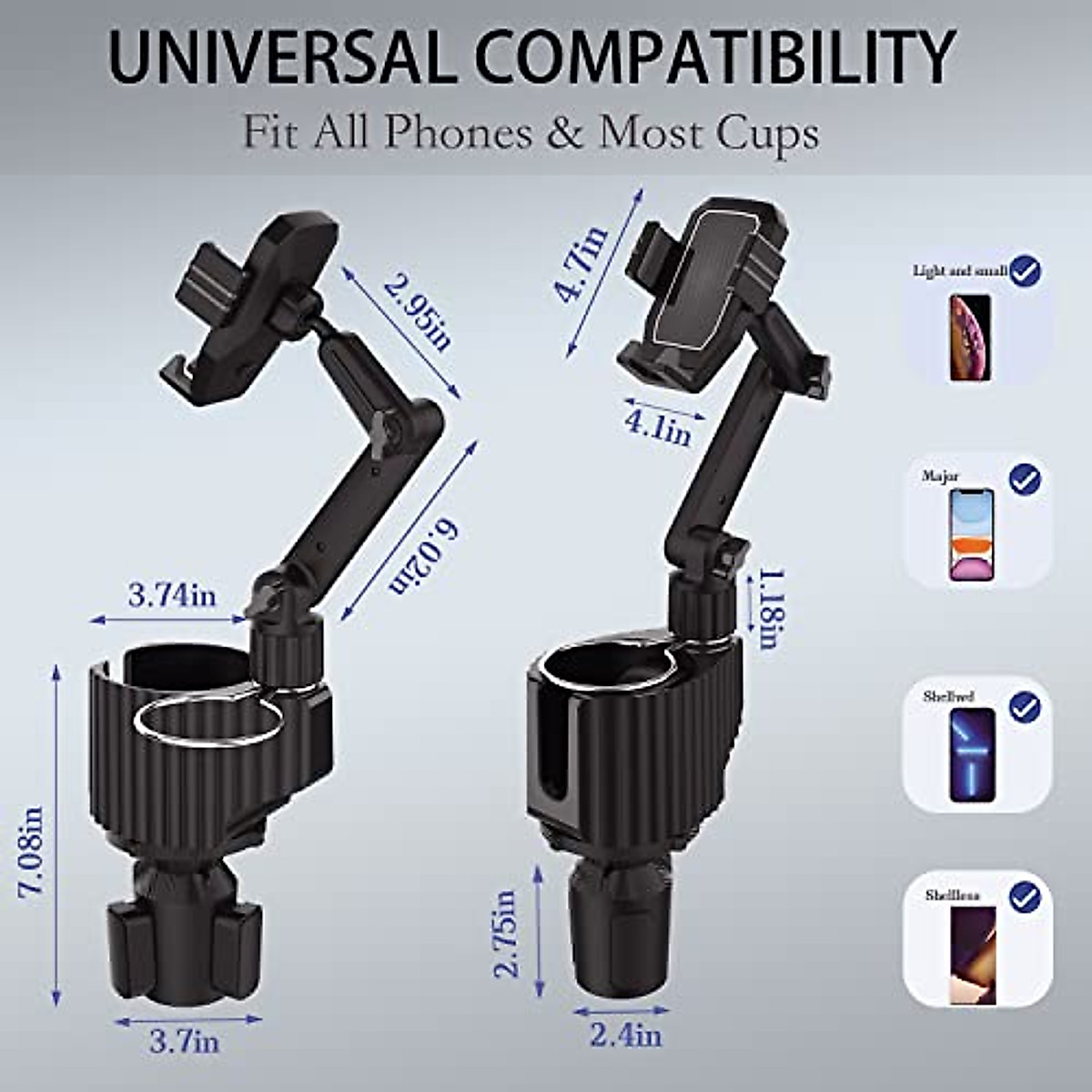 WUITIN Car Cup Holder Phone Mount,Universal Auto Cell Phone Stand with Drink Expand Cup Holder,360° Rotation Compatible with All Mobile Phones and All Car