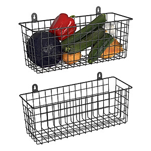 MaraFansie [Extra Large] Wire Basket 2-Pack Hanging Wall Organizer Cabinet Storage Basket Wall Mounted Shelves Rustic Farmhouse Decor for Home Kitchen Bathroom, BLACK