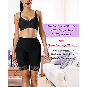 RILIAM 2 Pack Women Lace Slip Shorts for Under Dresses Smooth Seamless Anti-Chafing Underwear Spanks Thigh Slimmer(Black+Nude,X-Large)
