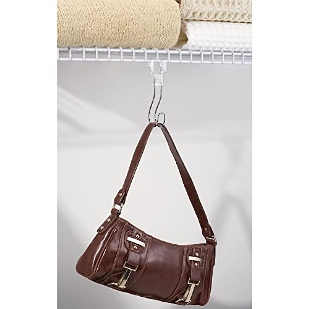 mDesign Hanging Closet Storage Hook - Organizes Handbags, Scarves, Ties, Belts, Accessories - Great for Men, Women & Kids Bedroom, Hall & Coat Closet - Hangs Below Wire Shelving, 4 Pack - Chrome/Clear